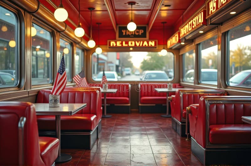 Vintage American Diner Interior with Red Booths and Retro Decor Stock ...