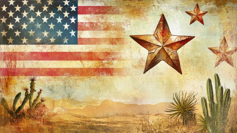 Vintage American Flag and Western Stars on Rustic Background Stock ...