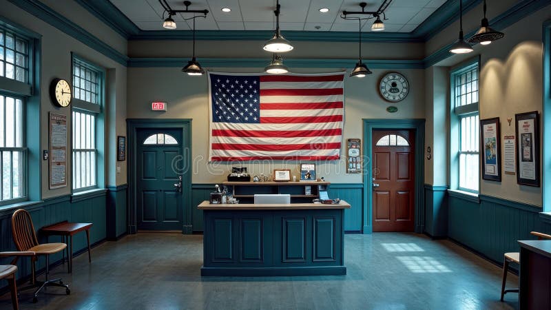 Vintage American Office Interior with Us Flag Behind Reception Desk ...