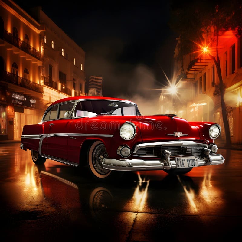 Vintage Red Car on the City Road Stock Illustration - Illustration of ...