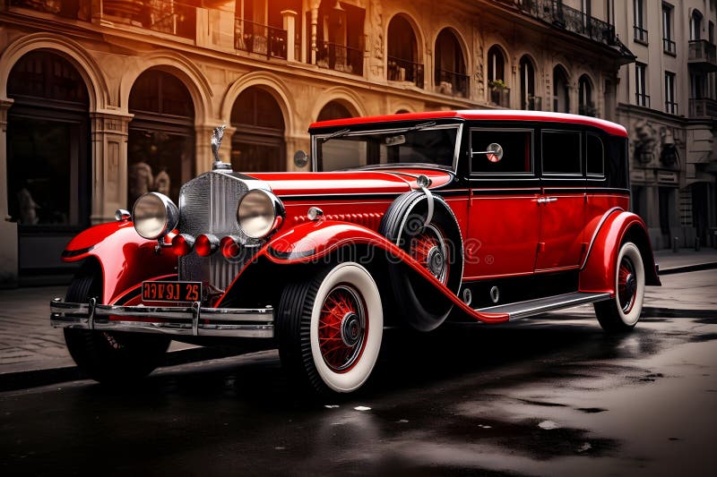 Vintage Red Car on the City Road Stock Illustration - Illustration of ...