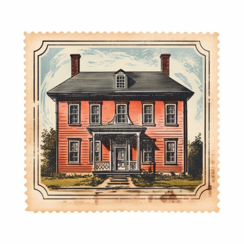 Vintage Stamp with Detailed Red House Illustration Stock Illustration ...