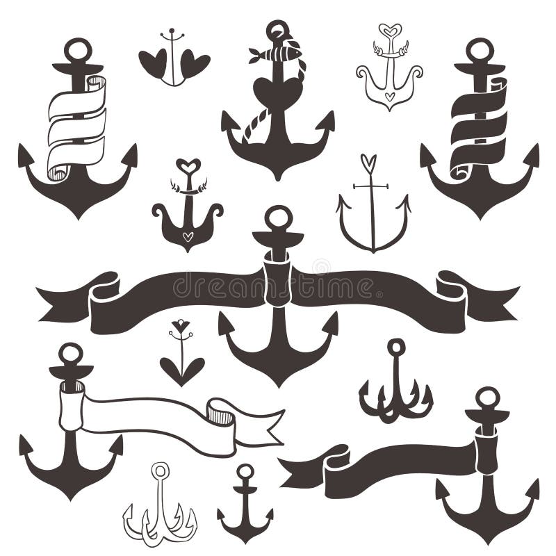 Vintage Anchor with Ribbon Banners. Hand Drawn Elements Stock Vector ...