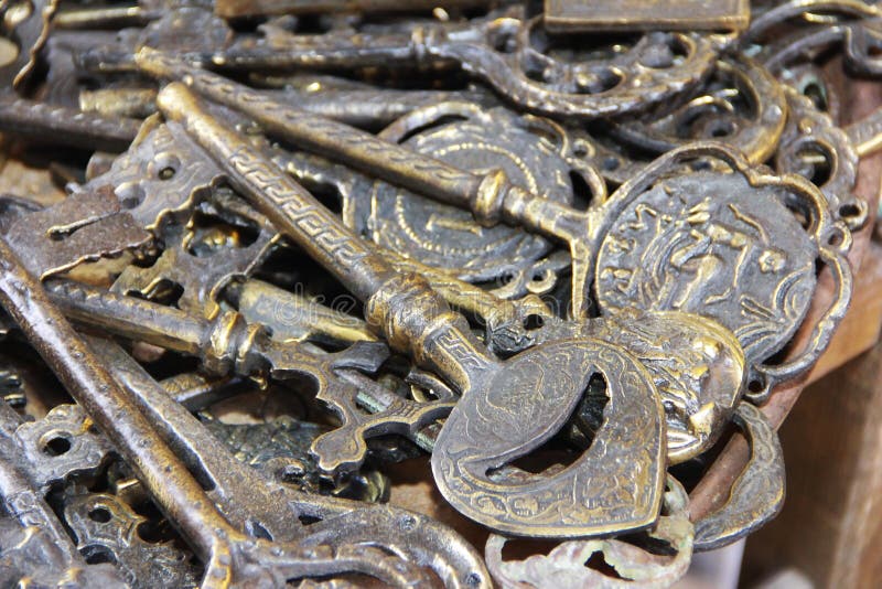 Vintage Ancient Rusty Metal Keys with Patterns and Crests Stock Image ...