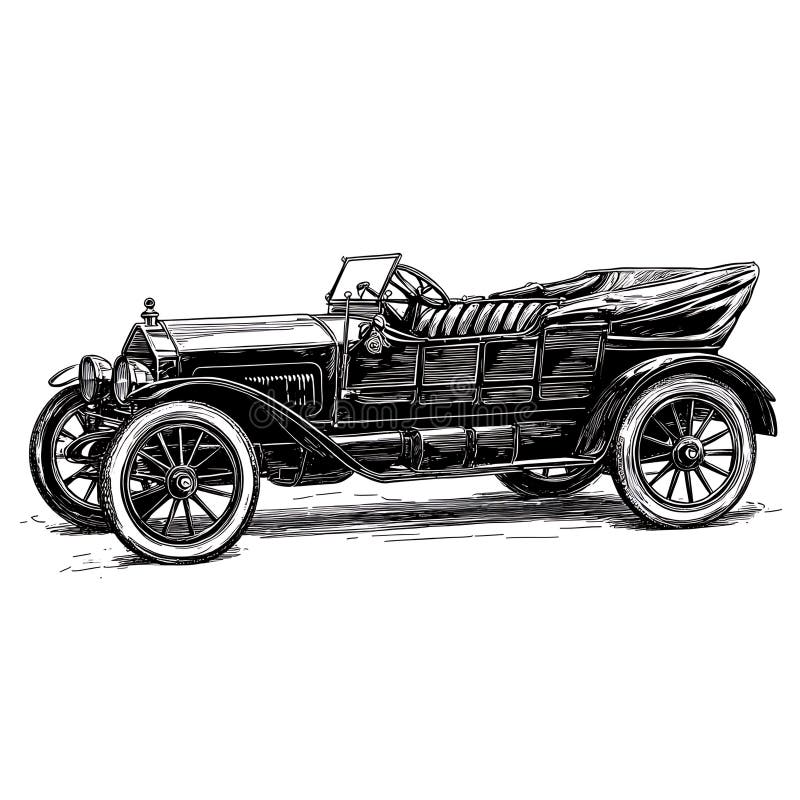 Vintage Antique Automobile Drawing. Side View of a Classic Car Stock ...