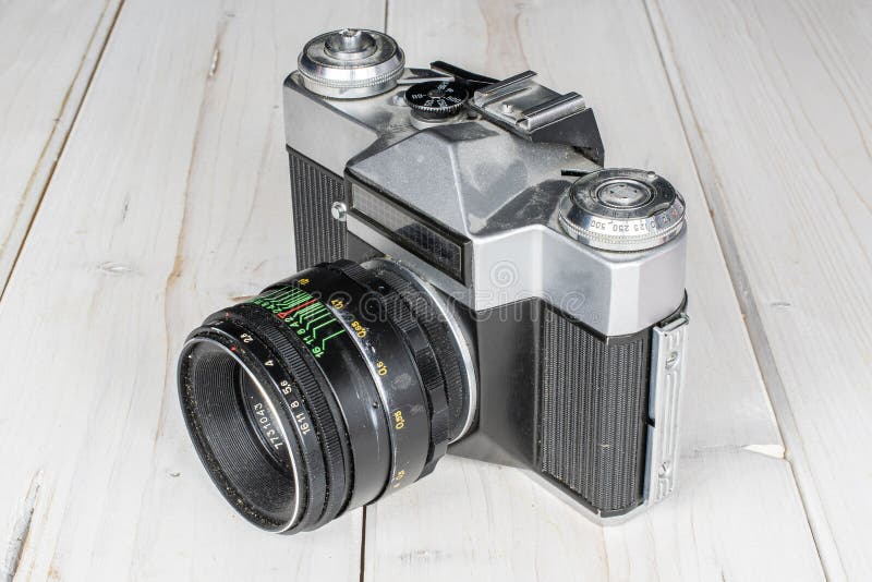 Vintage Antique Camera on Grey Wood Editorial Stock Photo - Image of ...