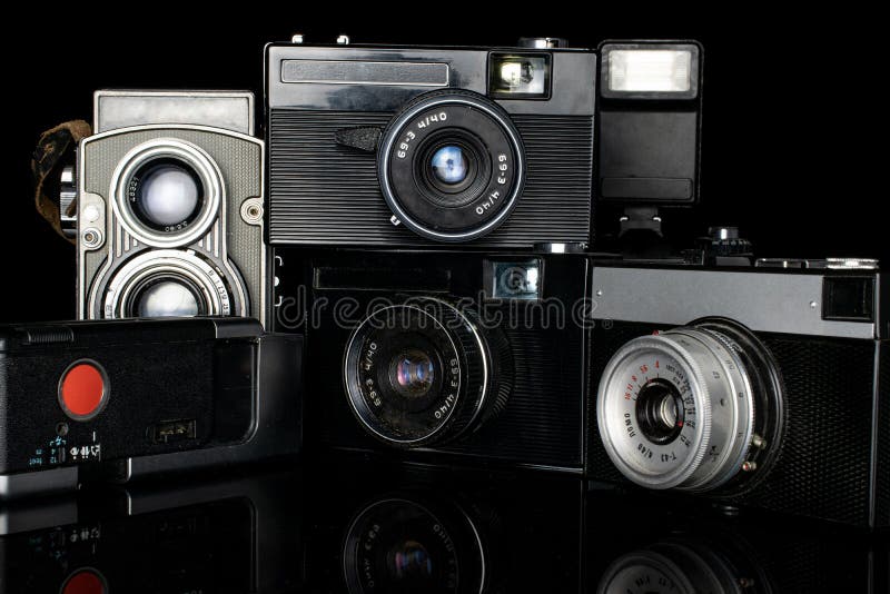 Vintage Antique Camera Isolated on Black Glass Editorial Stock Image ...