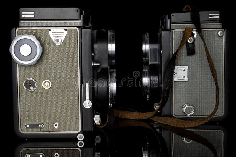 Vintage Antique Camera Isolated on Black Glass Editorial Image - Image ...