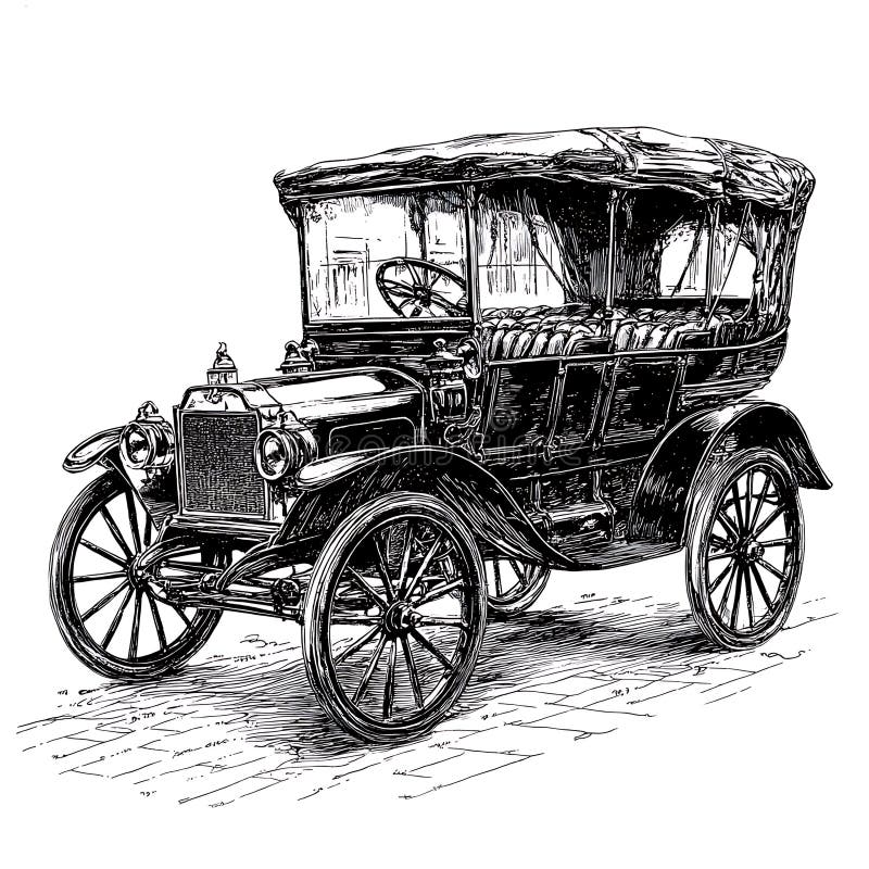 Vintage Antique Car Drawing Ink Sketch Stock Illustration ...