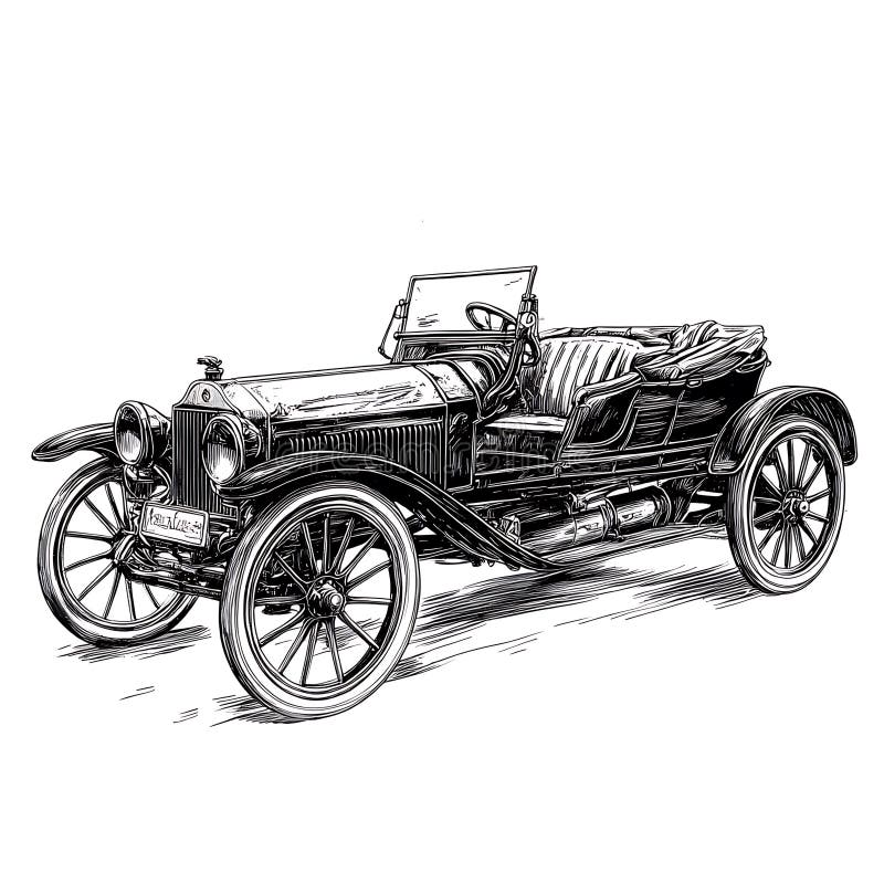 Vintage Antique Classic Car Drawing Ink Sketch Stock Illustration ...