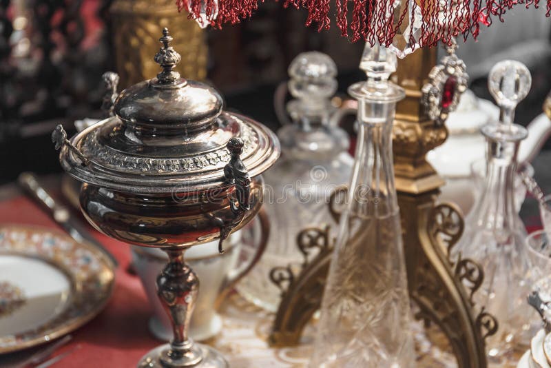 Vintage Antique Tableware on Kitchen Table, Retro Dinnerware Stock ...