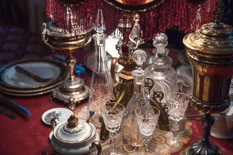 Vintage Antique Tableware on Kitchen Table, Retro Dinnerware Stock ...