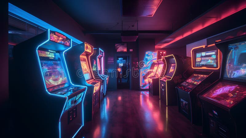 Vintage Arcade Game Machine in Neon Light. 3D Rendering Stock ...