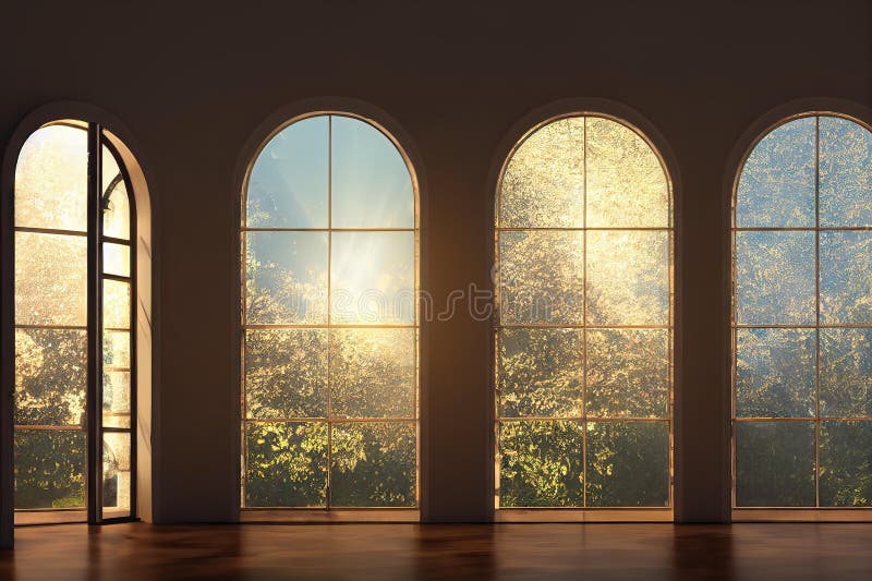Vintage Arched Windows with Green Trees View Digital Illustration ...