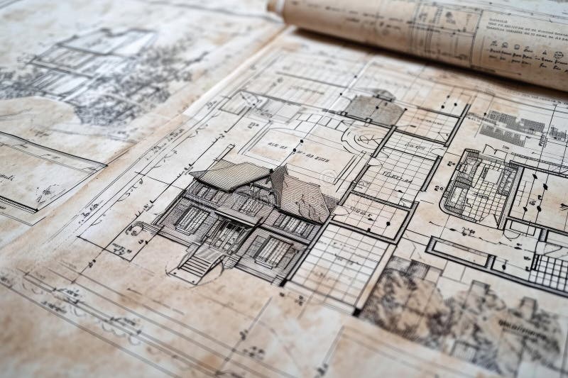 Vintage Architecture Blueprints and Plans Stock Image - Image of ...