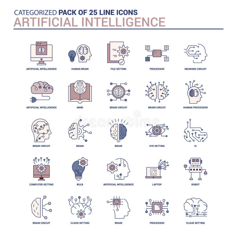 Vintage Artificial Intelligence Icon Set - 25 Flat Line Icon Set Stock ...