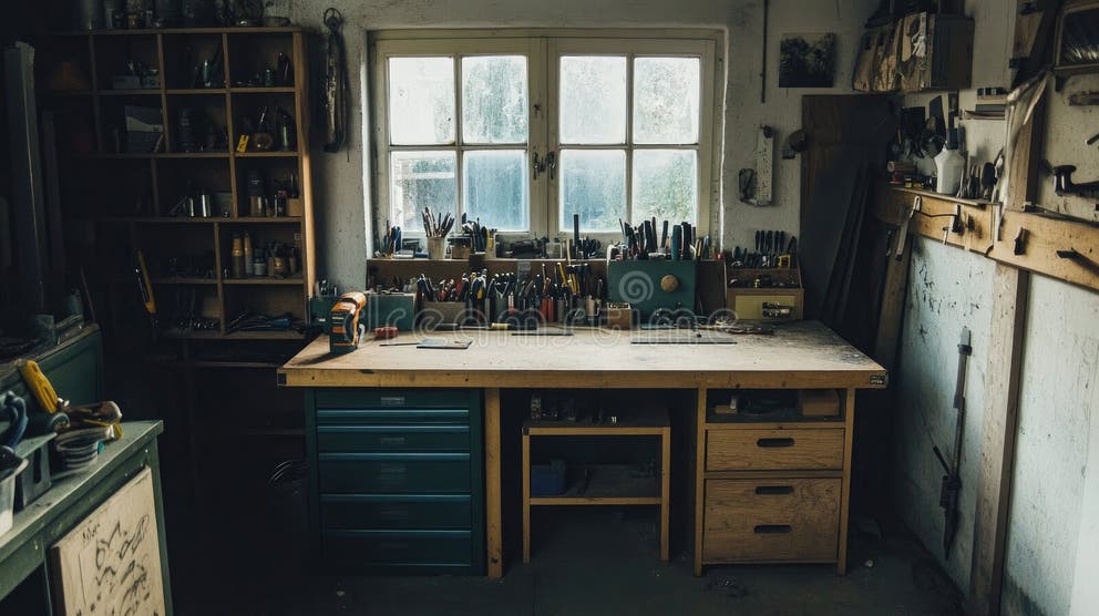 Vintage Artisan Workshop with Workbench Full of Tools. Nostalgic ...