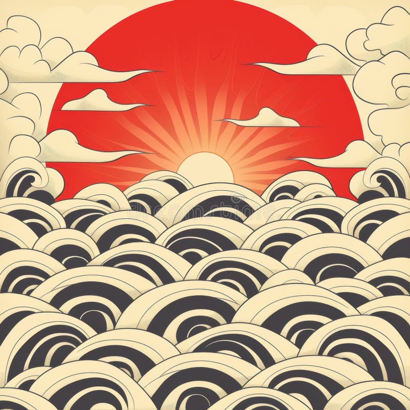 Vintage Asian Inspired Pattern Featuring Waves and a Rising Sun at Dawn ...