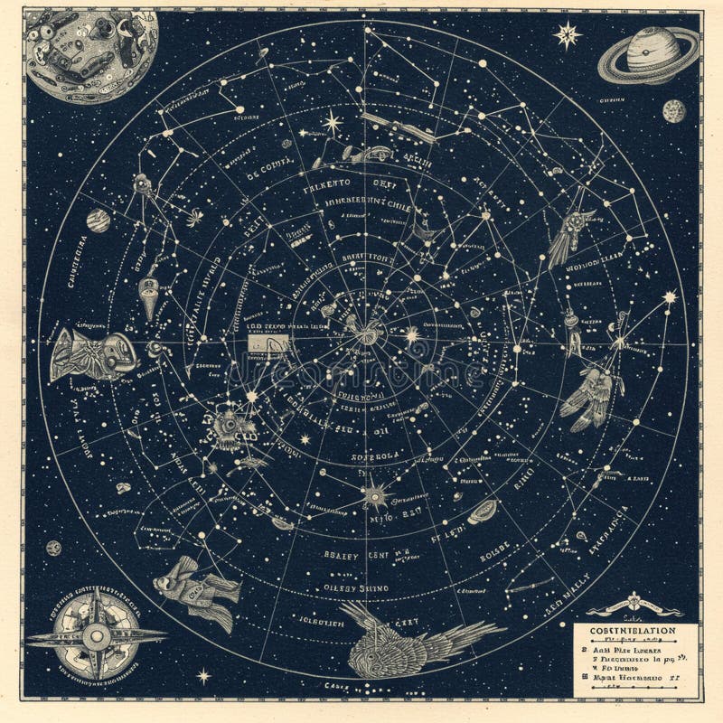 Vintage Astronomical Chart Depicting Constellations in a Circular ...