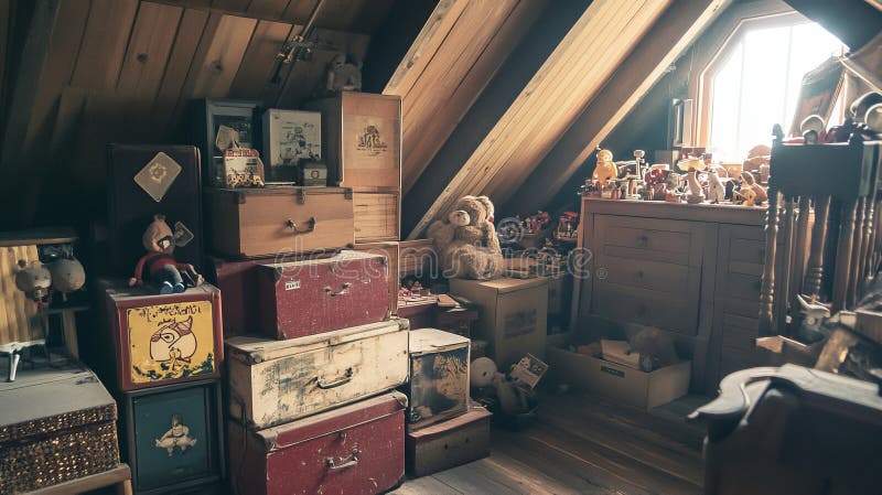 Vintage Attic with Wooden Boxes and Toys in Rustic Setting Stock ...