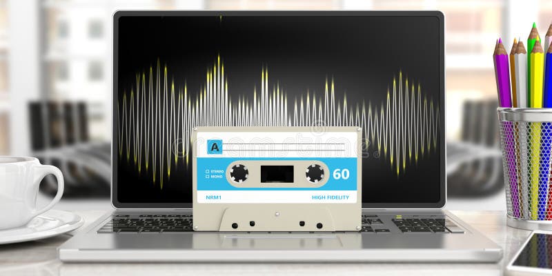 Vintage Audio Cassette, on a Computer, Blur Business Background. 3d ...