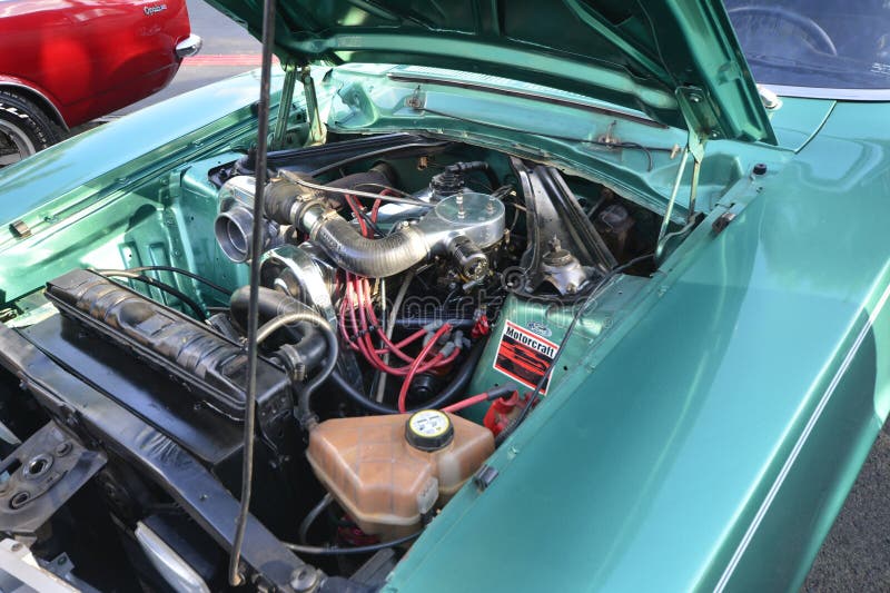 Vintage Automobile on Display at Vintage Car Fair with Open Engine ...