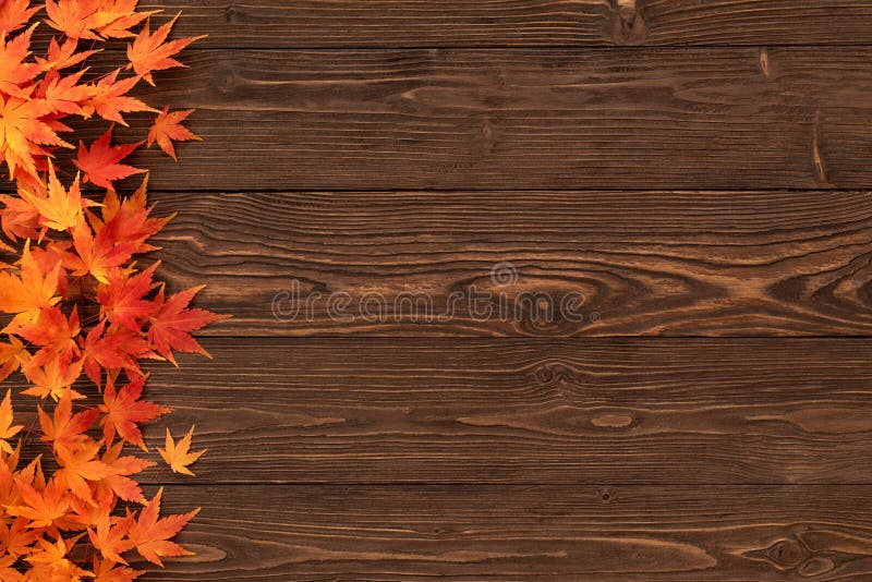Fall Background with Orange Maple Leaves Border on Brown Wooden Table ...