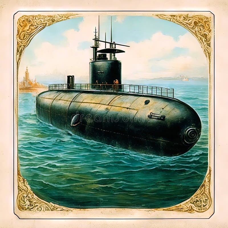 Vintage Background with a World War I Submarine in the Style of an Old ...