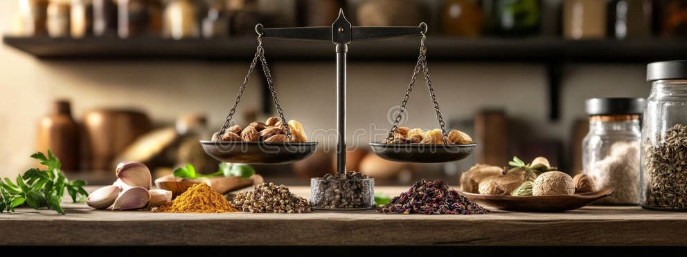Vintage Balance Scale with Nuts and Spices in Rustic Kitchen Setting ...