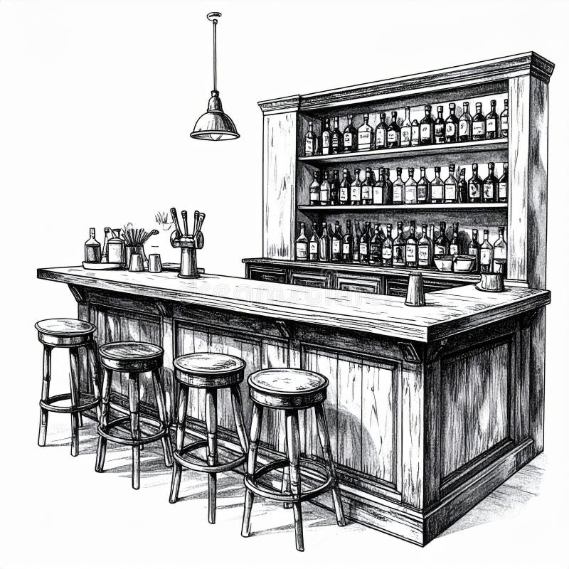 Vintage Bar Interior Drawing with Wooden Counter and Stools Stock ...