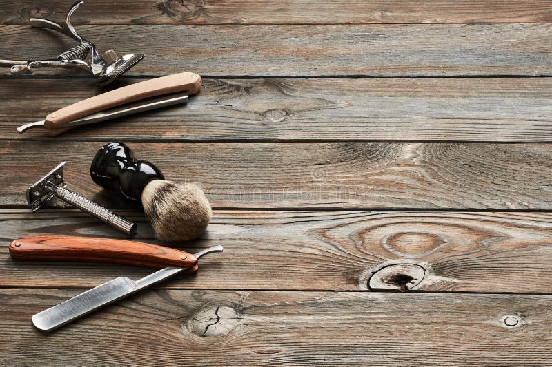 Vintage Barber Shop Tools on Wooden Background Stock Photo - Image of ...