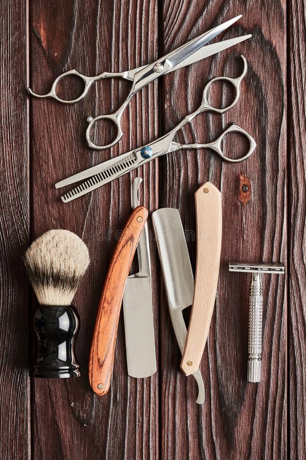 Vintage Barber Shop Tools on Wooden Background Stock Image - Image of ...