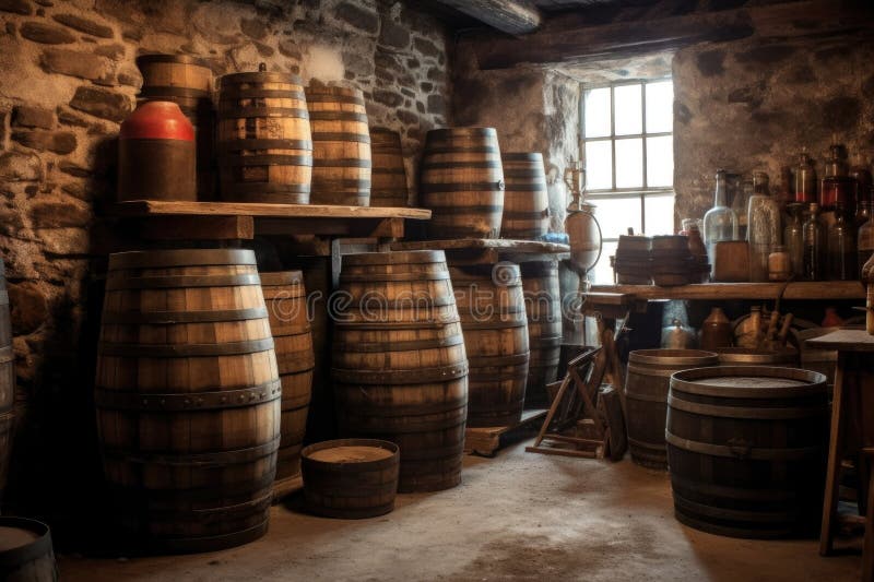 Vintage Barrels Stacked in a Historic Distillery Stock Illustration ...