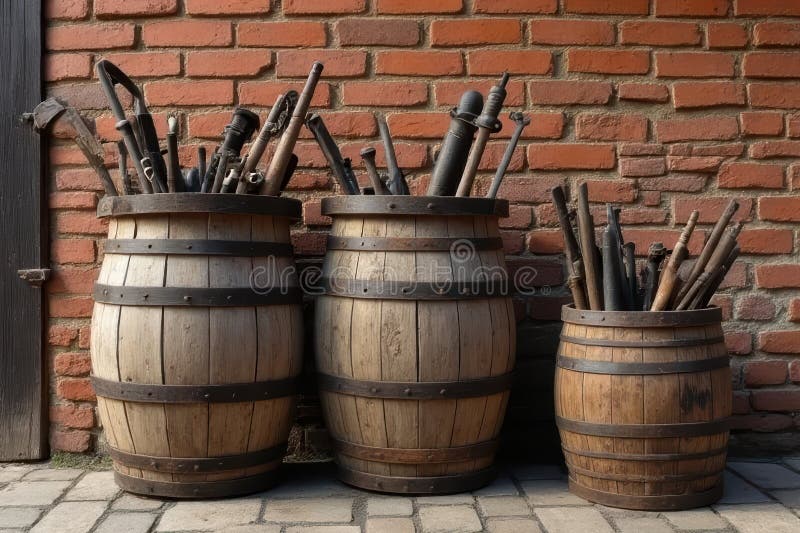 Vintage Barrels and Tools in a Rustic Setting Stock Image - Image of ...