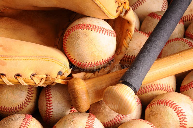 Vintage Baseball Equipment, Bat, Balls, Glove Stock Image - Image of ...