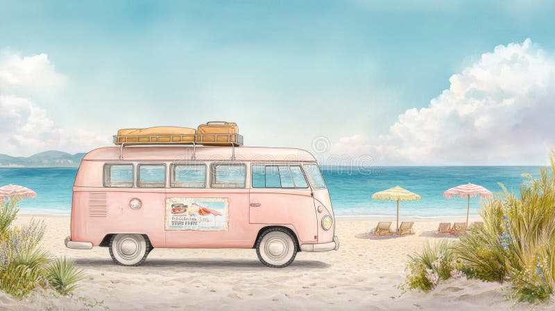 Vintage Beach Camper Van with Luggage on a Sandy Shoreline Stock ...