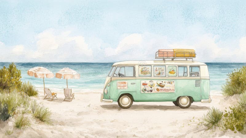 Vintage Beach Scene with Camper Van, Umbrellas, Chairs, and Ocean View ...