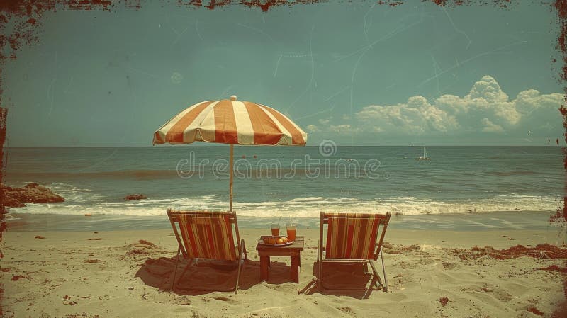 Vintage Beach Scene with Umbrella and Chairs - Generative Ai Stock ...