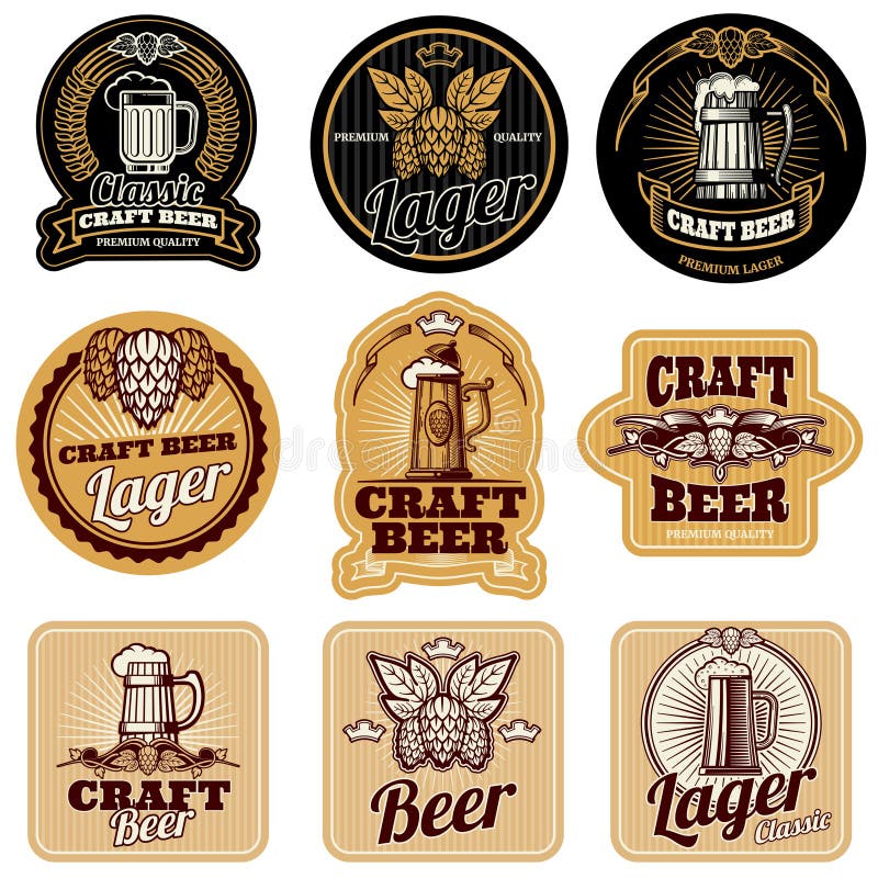 Vintage Beer Drink Bar Vector Labels. Retro Brewery Emblems and Logos ...