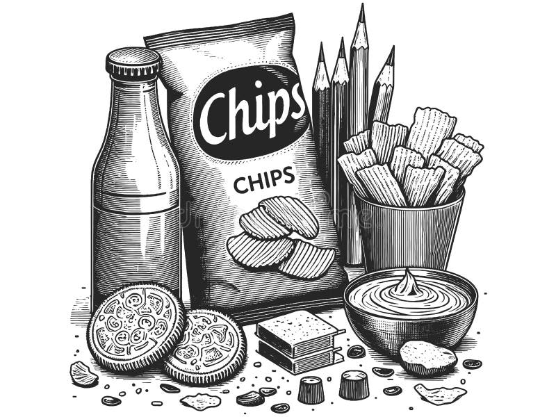 Vintage Beer Snacks Set Advertisement for a Package of Chips. Sketch ...