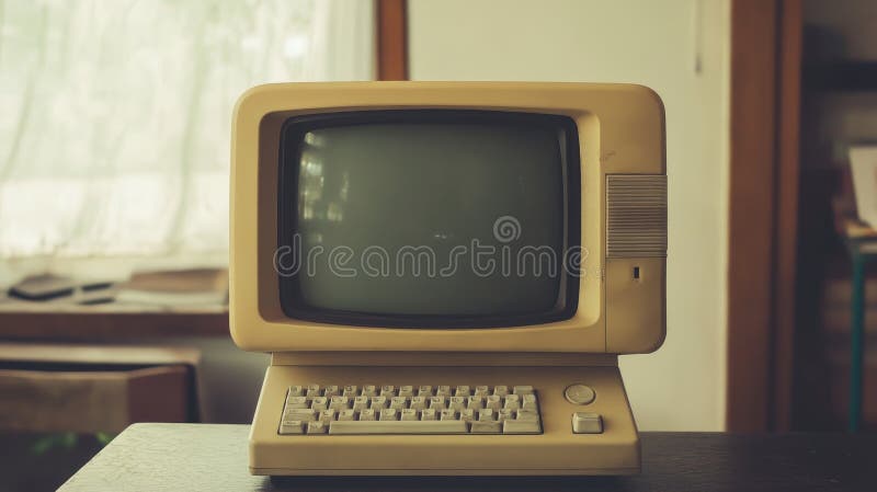 Vintage Beige Computer with Blank Screen on Wooden Table in Room with ...