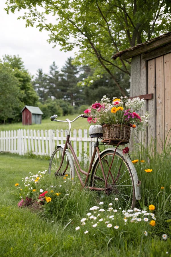 Vintage Bicycle in Backyard Stock Illustration - Illustration of ...