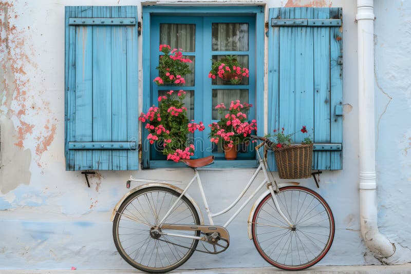 Vintage Bicycle with Basket of White Flowers in Rustic Setting, Bicycle ...