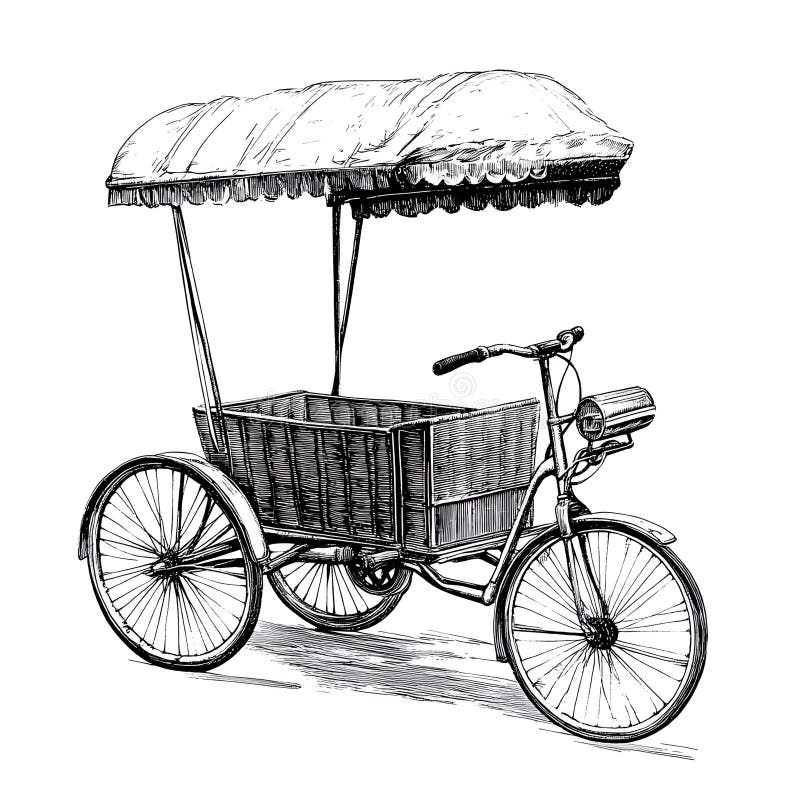 Vintage Bicycle Rickshaw with Canopy Stock Illustration - Illustration ...