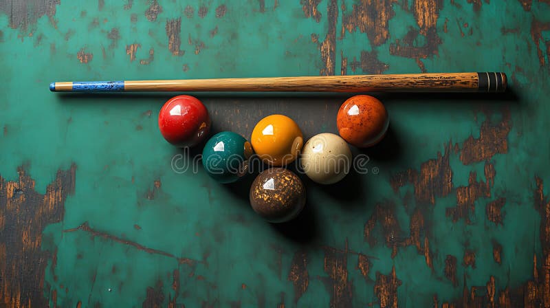 Vintage Billiard Cue & Balls on Rustic Green Table Stock Illustration ...