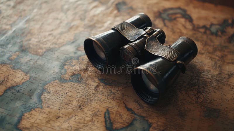 Vintage Binoculars and a Compass on an Old World Map Stock Illustration ...