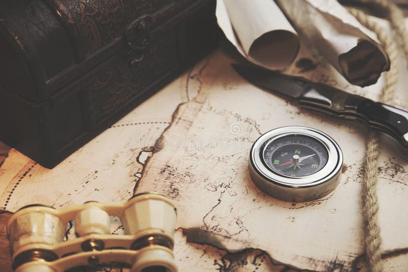Binoculars, Compass, Knife on Map Stock Photo - Image of design, table ...