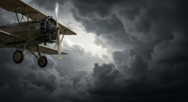 Vintage Biplane Flying through Dramatic Storm Clouds in a Moody Sky ...