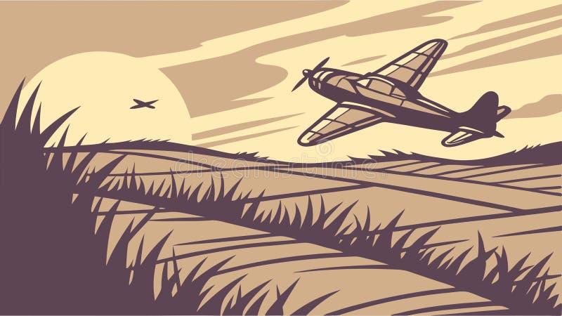 Vintage Biplane Soaring Over Fields Vector Art, Vector Design ...