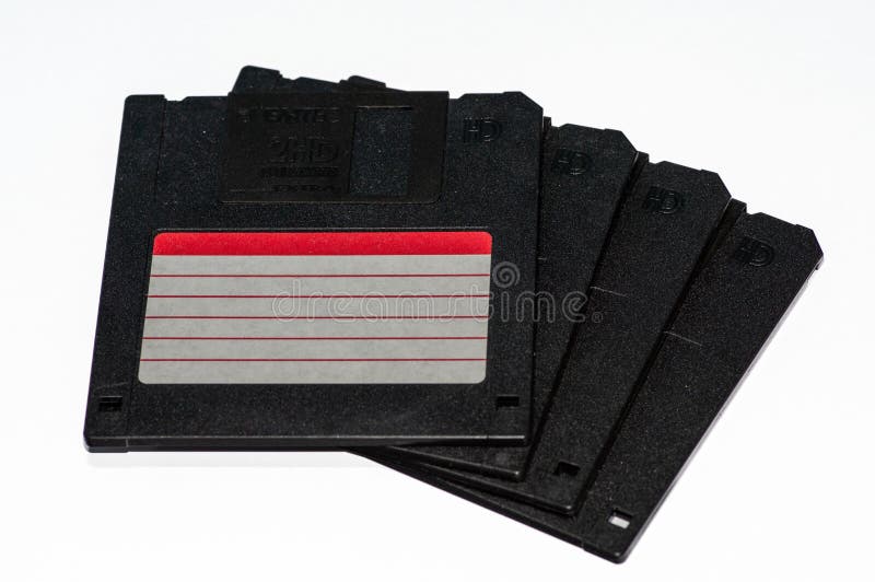 Vintage Black Floppy Disks with Red Labels Stock Photo - Image of ...